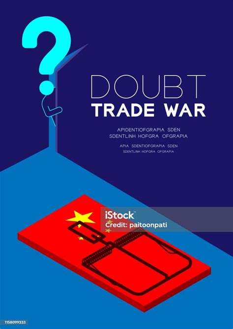 남자 그림과 물음표는 아이소메트릭 마우스 트랩 중국 플래그 패턴 의심 무역 전쟁 트랩과 파란색 배경에 고립 된 세금 위기 개념