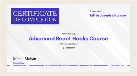 Nithin Joseph Vargheses Certification For Advanced React Hooks Course