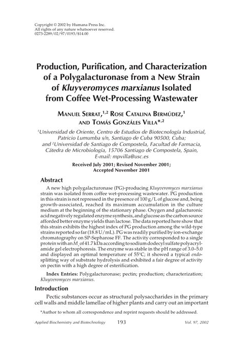 Pdf Production Purification And Characterization Of A Polygalacturonase From A New Strain Of