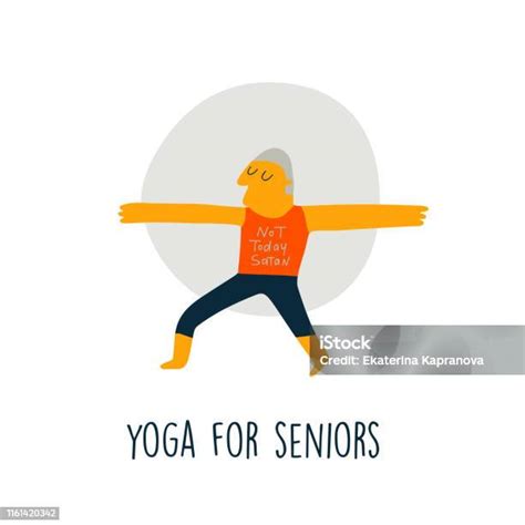 전사 요가 포즈에 서 있는 노인의 재미있는 벡터 만화 일러스트 시니어 피트니스 클럽 스포츠를 위한 디자인 컨셉 개념에 대한 스톡 벡터 아트 및 기타 이미지 Istock