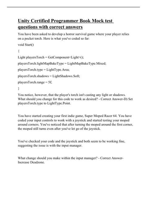 unity certified programmer book mock test questions with correct