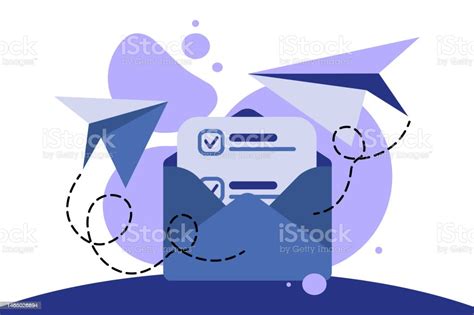 날아다니는 종이 비행기가 든 봉투 이메일 마케팅 및 메시지 개념 체크 표시가있는 봉투에 시트 밝은 파란색 스타일의 현대 벡터 그림입니다 우편에 대한 스톡 벡터 아트 및 기타