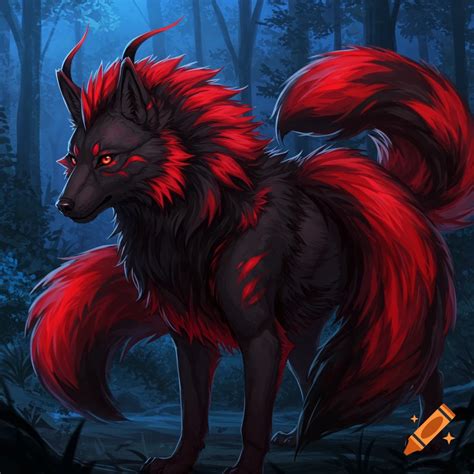 A Stylized Red Wolf Character With Green Eyes And Yellow Markings In A