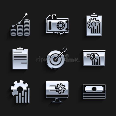 Set Target Computer Monitor With Graph Chart Stacks Paper Money Cash Board Pie Infographic