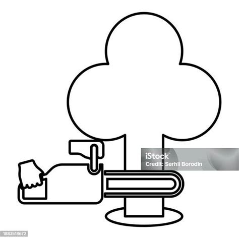 전기 톱 톱질 보드 나무 쵸퍼 개념 벌목꾼 수목 재배자 절단 삼림 벌채 가지 치기 살포 윤곽선 선 아이콘 검은 색 벡터 일러스트 레이 션 이미지 얇은 평면 스타일 0명에