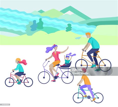 젊은 여성과 남자는 공원에서 자전거를 타고 가족과 친구는 자전거를 타고 엄마 아빠 아이들과 함께 공원에서 자전거를 타고 스포츠 야외 활동 만화 벡터 가족에 대한 스톡 벡터