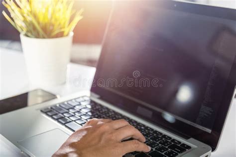 Software Developer Hands Typing Data Coding Programming Javascript With Laptop Computer Stock