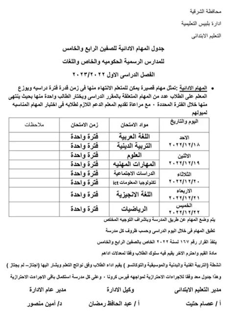 جدول امتحانات المهام الأدائية رابعة وخامسة ابتدائي الشرقية ترم أول شبابيك