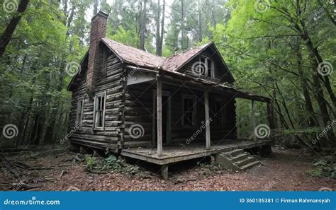 Abandoned Log Cabin Nestled Deep Within A Lush Forest Stock