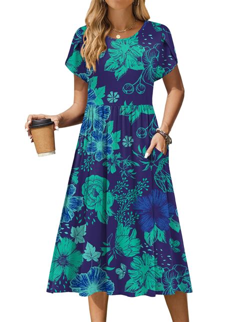 Zeagoo Floral Casual Dresses Modest Tshirt Dress Aline Midi Dress