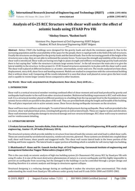 Irjet Analysis Of G 25 Rcc Structure With Shear Wall Under The Effect Of Seismic Loads Using
