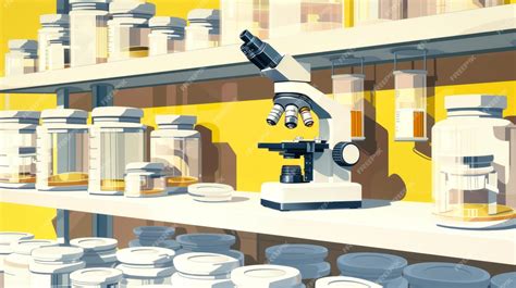 A Detailed Illustration Captures A Laboratory Microscope Set Among An