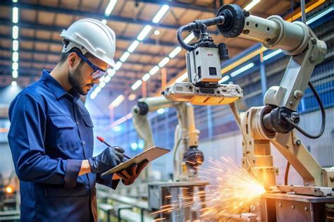 Engineer Check And Control Welding Robotics Automatic Arms Machine In Intelligent Factory