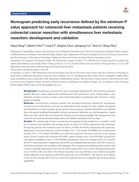 Pdf Nomogram Predicting Early Recurrence Defined By The Minimum P Value Approach For