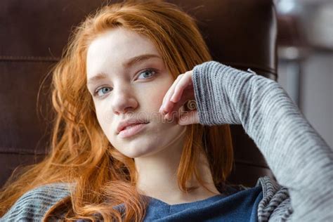 Beautiful Redhead Woman Lying On The Floor Stock Image Image Of Hands Health