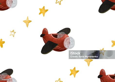 베이비 프린트 아이들을 위한 원활한 패턴 비행기 구름 별 항공 소년을 위한 끝없는 패턴 스칸디나비아 스타일의 항공기와 구름이 있는 손으로 그린 이음매 없는 반복 어린이