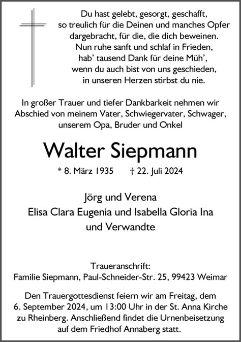 Alle Traueranzeigen Für Walter Siepmann Trauerrp Onlinede