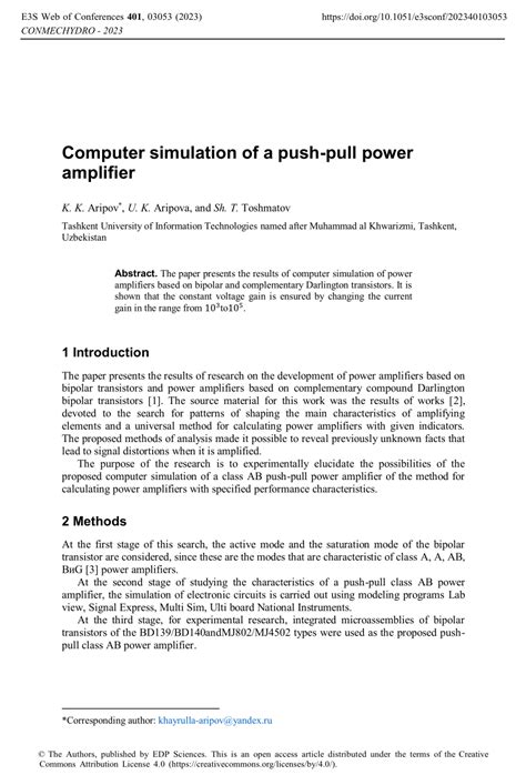 pdf computer simulation of a push pull power amplifier