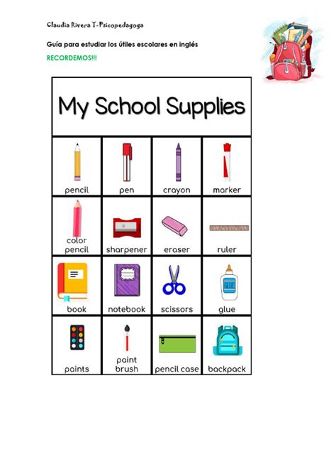 Útiles Escolares En Inglés Para Niños Pdf
