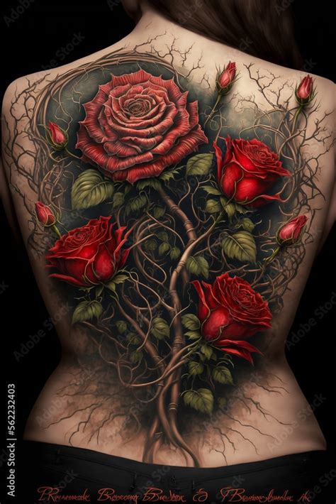 Full Back Piece Roses Themed Tattoo Design Concept Stock Illustration