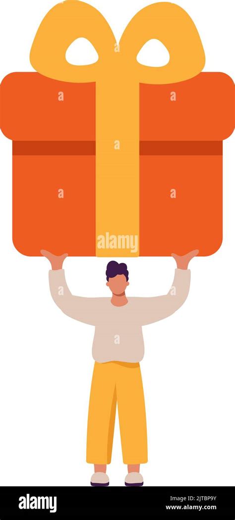 Cheerful Tiny Man Carrying Huge Present Box Overhead Male Character