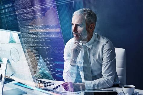 Business Man Computer Hologram Programming Code Overlay Futuristic Ui Office Mature Person Stock