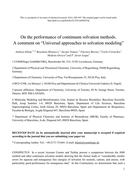 Pdf On The Performance Of Continuum Solvation Methods A Comment On Universal Approaches To