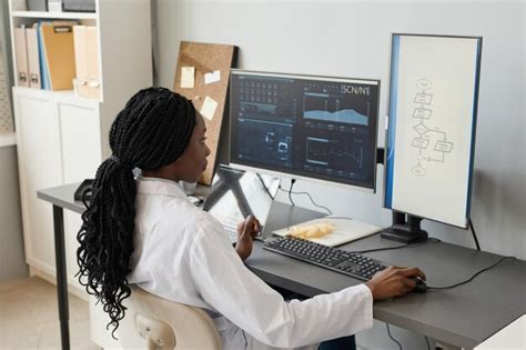 Premium Photo Woman Using Computer In Engineering Lab