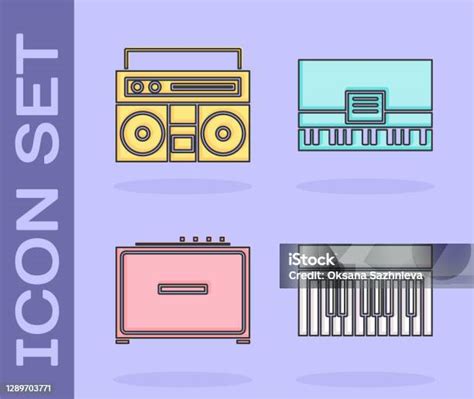 음악 신디사이저 두 개의 스피커와 홈 스테레오 기타 앰프와 피아노 아이콘을 설정합니다 벡터 0명에 대한 스톡 벡터 아트 및 기타