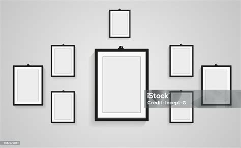 흰 벽에 격리된 그림자 컬렉션이 있는 사실적인 빈 검은색 액자 그룹 현대 포스터 프레임 모형 세트 미술관 또는 인테리어를 위한 빈 액자 개념에 대한 스톡 벡터 아트 및 기타