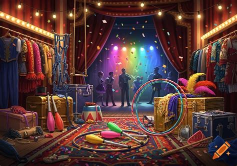 A Vibrant Backstage Circus Scene With Performers Under Colorful Stage