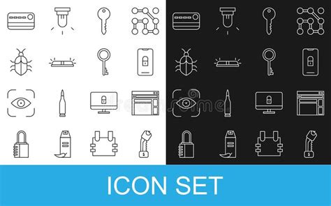 Set Line Police Electric Shocker Website Template Mobile With Closed Padlock Key Flasher