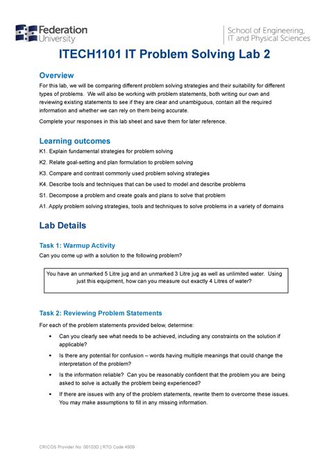 Itech 1101 Week 2 Lab KKK ITECH1101 IT Problem Solving Lab 2 Overview For This Lab We Will