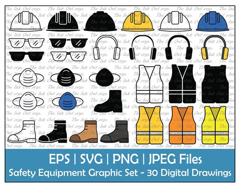 Work Safety Equipment Vector Clipart Set Outline Silhouette Stamp