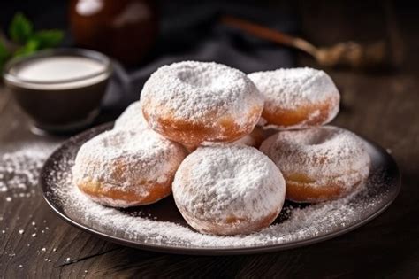 Premium Photo Tasty Powdered Sugar Donuts On Table