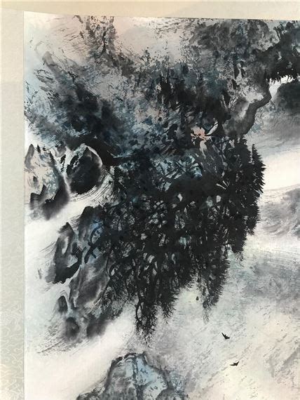 Xiongcai Li Pine Tree At A Waterfall And Calligraphy Mutualart