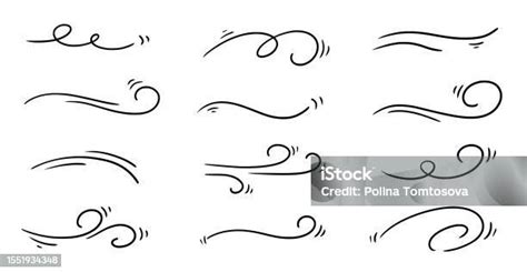 낙서 바람 선 스케치 세트입니다 손으로 그린 낙서 바람 운동 공기 불기 소용돌이 요소 스케치 그려진 공기 불어 모션 연기 흐름 예술 추상적인 선 분리된 벡터 겨울에 대한