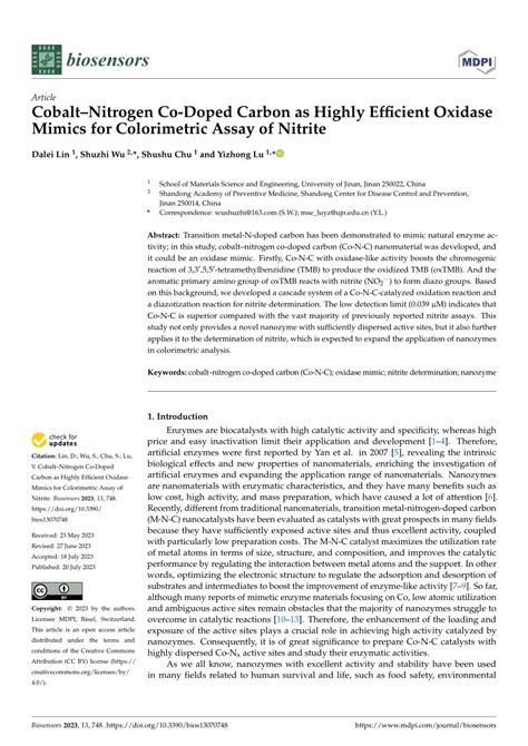 Pdf Cobaltnitrogen Co Doped Carbon As Highly Efficient Oxidase Mimics For Colorimetric Assay
