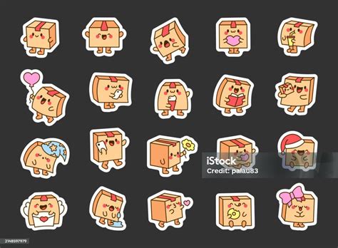 재미있는 얼굴이 있는 귀여운 Kawaii 배달 상자 스티커 책갈피 행복한 소포 만화 캐릭터입니다 손으로 그린 스타일입니다 벡터 그리기 디자인 요소 모음 가공의 인물에 대한