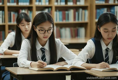 Korean High School Students In Library Stable Diffusion Online