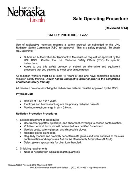 Safe Operating Procedure Reviewed 8 14 Safety Protocol Fe 55