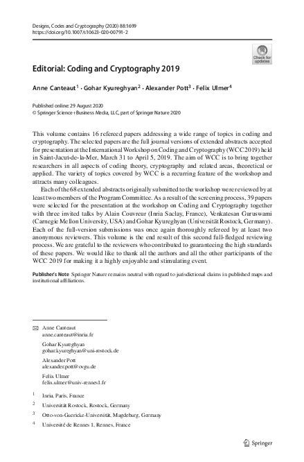 Pdf Editorial Coding And Cryptography 2019 Felix Ulmer