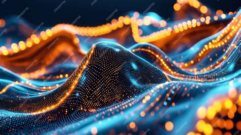 Abstract Digital Landscape With Orange And Blue Glowing Dots Forming Undulating Wave Patterns