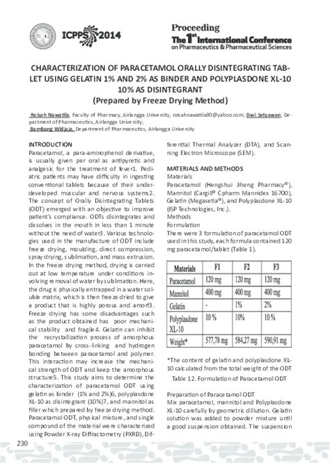 Pdf Characterization Of Paracetamol Orally Disintegrating Tab Let Using Gelatin 1 And 2 As