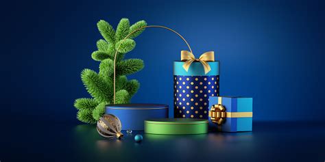 선물 상자 빈 연단 녹색 가문비 나무로 장식 된 황금 아치와 파란색 배경 크리스마스 판매 배너 템플릿 제품 프리젠 테이션을위한 축제 쇼케이스 장면 3d 렌더 크리스마스에