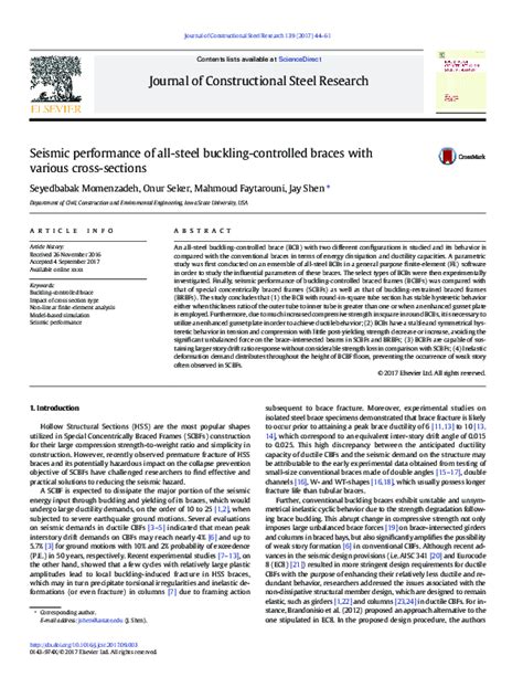 Pdf Seismic Performance Of All Steel Buckling Controlled Braces With Various Cross Sections