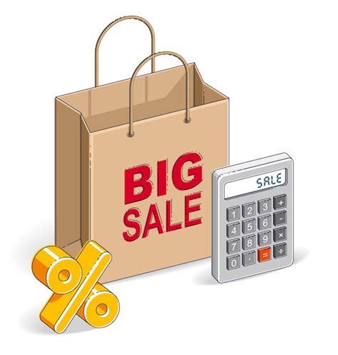 계산기와 백분율 기호가 있는 쇼핑백 큰 판매 매진 소매 블랙 프라이데이 할인 흰색 배경에 격리된 에코 종이 가방 벡터