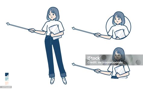 포인팅 스틱 이미지가 있는 설명이 있는 티셔츠를 입은 한 젊은 여성 교육에 대한 스톡 벡터 아트 및 기타 이미지 교육 귀여운 기상학 Istock