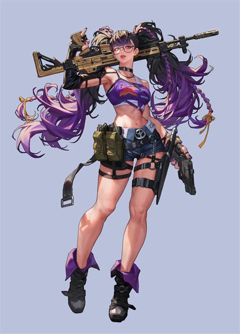 Simple Background Women With Weapons Machine Gun Slim Body Glasses