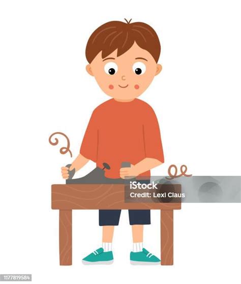 벡터 작업 소년입니다 평면과 나무를 작업 평면 재미 아이 캐릭터 공예 레슨 일러스트 도구를 사용하여 작업하는 방법을 배우는 어린이의 개념 워크숍 또는 마스터클래스 광고용